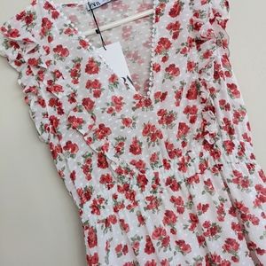 Zara | Dresses | Zara New Ruffled Midi Dress Red White Floral | Poshmark